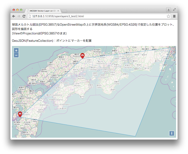 OpenLayers 3でOpenStreetMap上にピンを打つ · hello (visible) world.